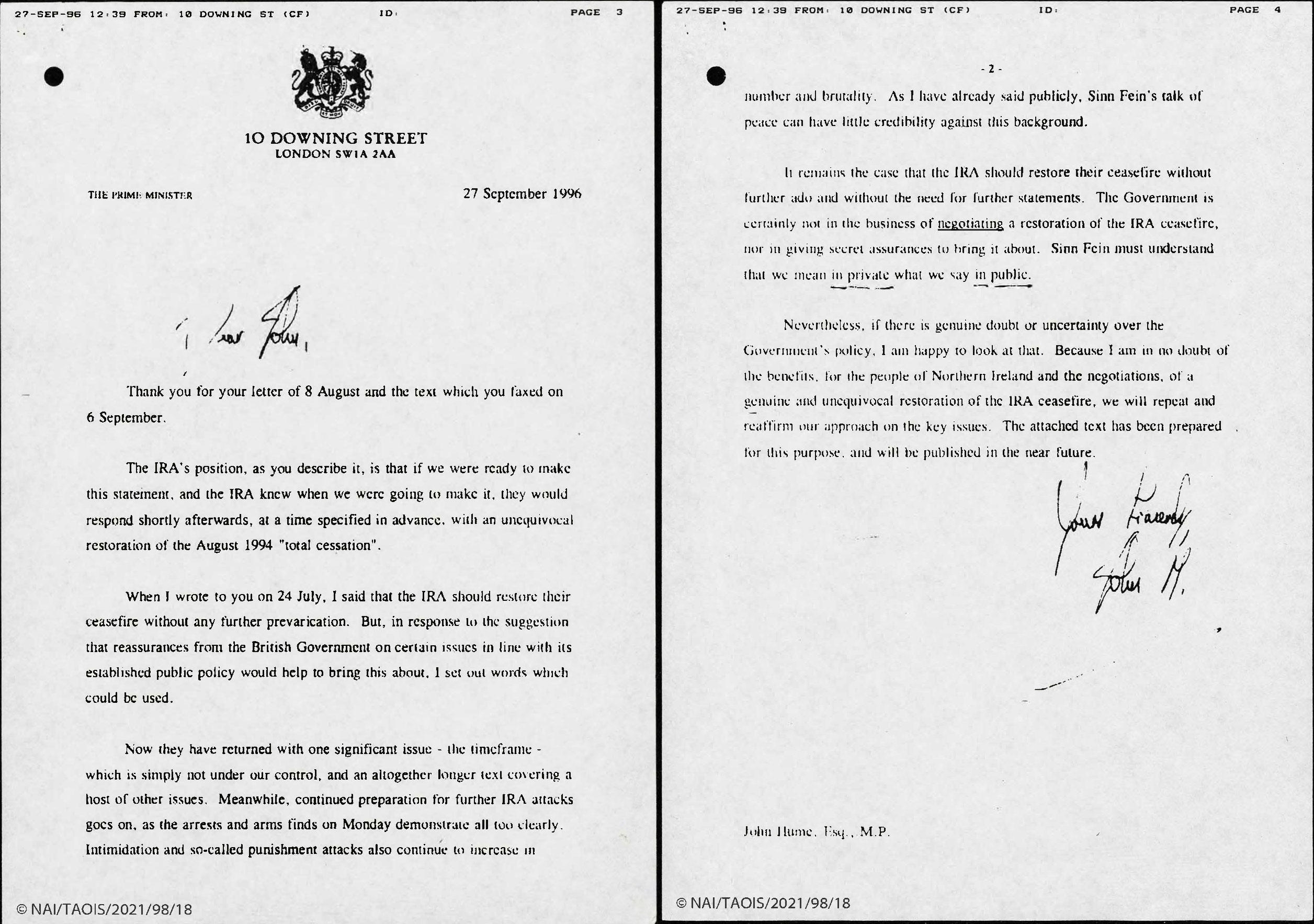 Source 8 - Letter from Prime Minister John Major September 1996 - The ...